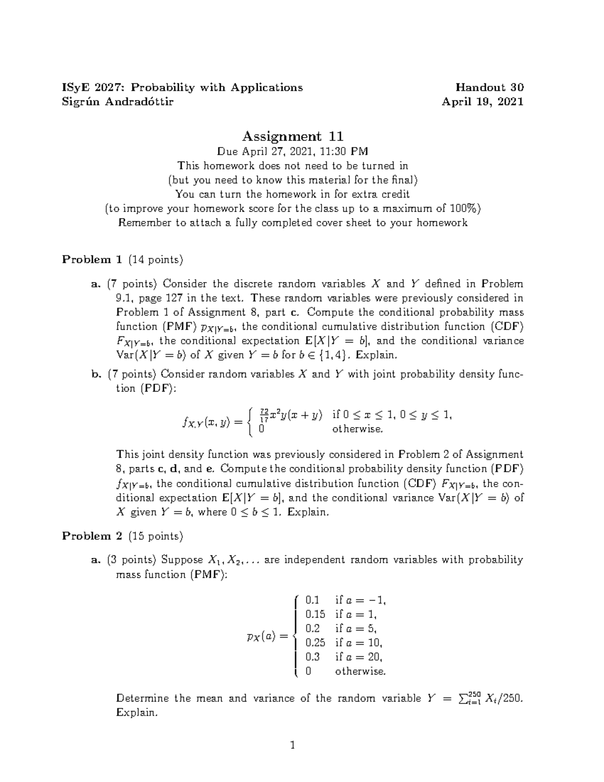 2027 A11 - assignment 11 hw - ISyE 2027: Probability with Applications Handout 30 Sigr ́un ...