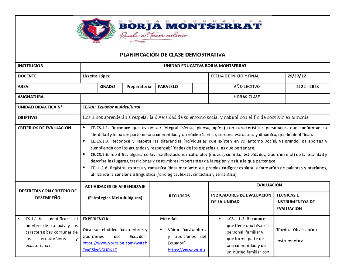 Planificación Clase Demostrativa preparatoria - PLANIFICACIÓN DE CLASE DEMOSTRATIVA INSTITUCION ...