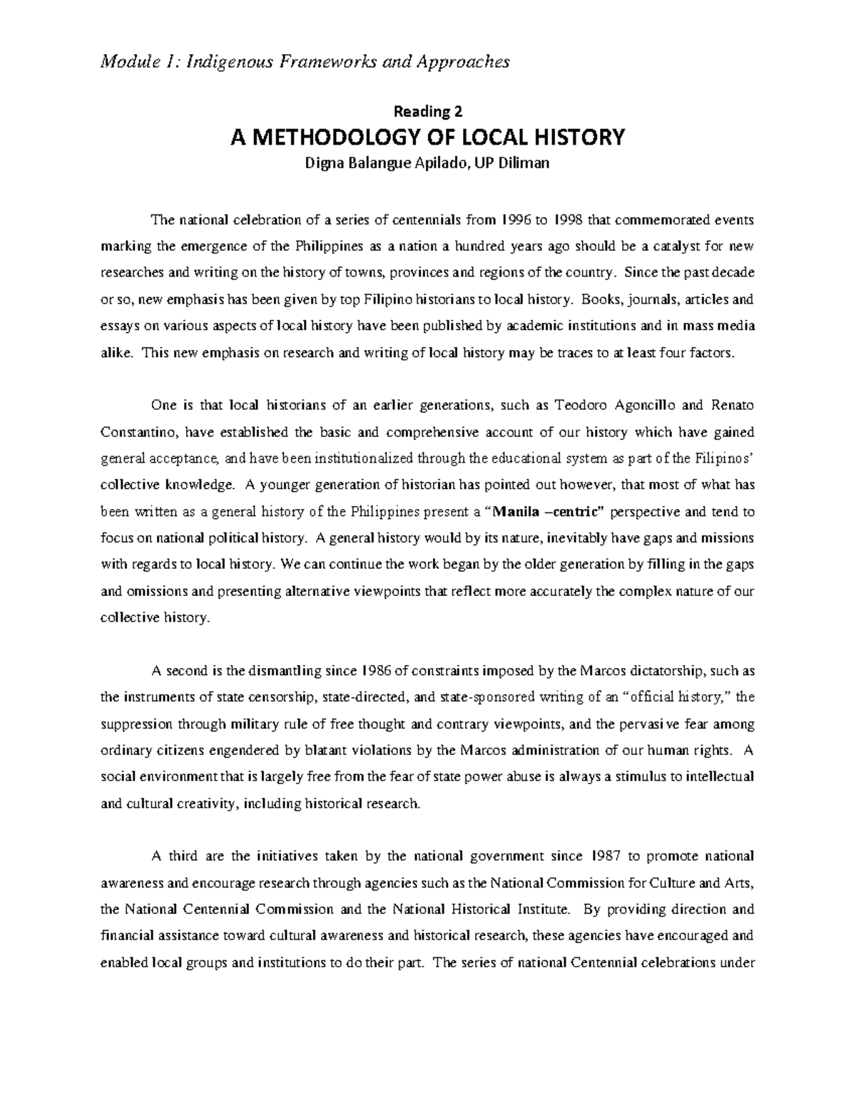 Philippine Historiography 2 Apilado - Reading 2 A METHODOLOGY OF LOCAL ...