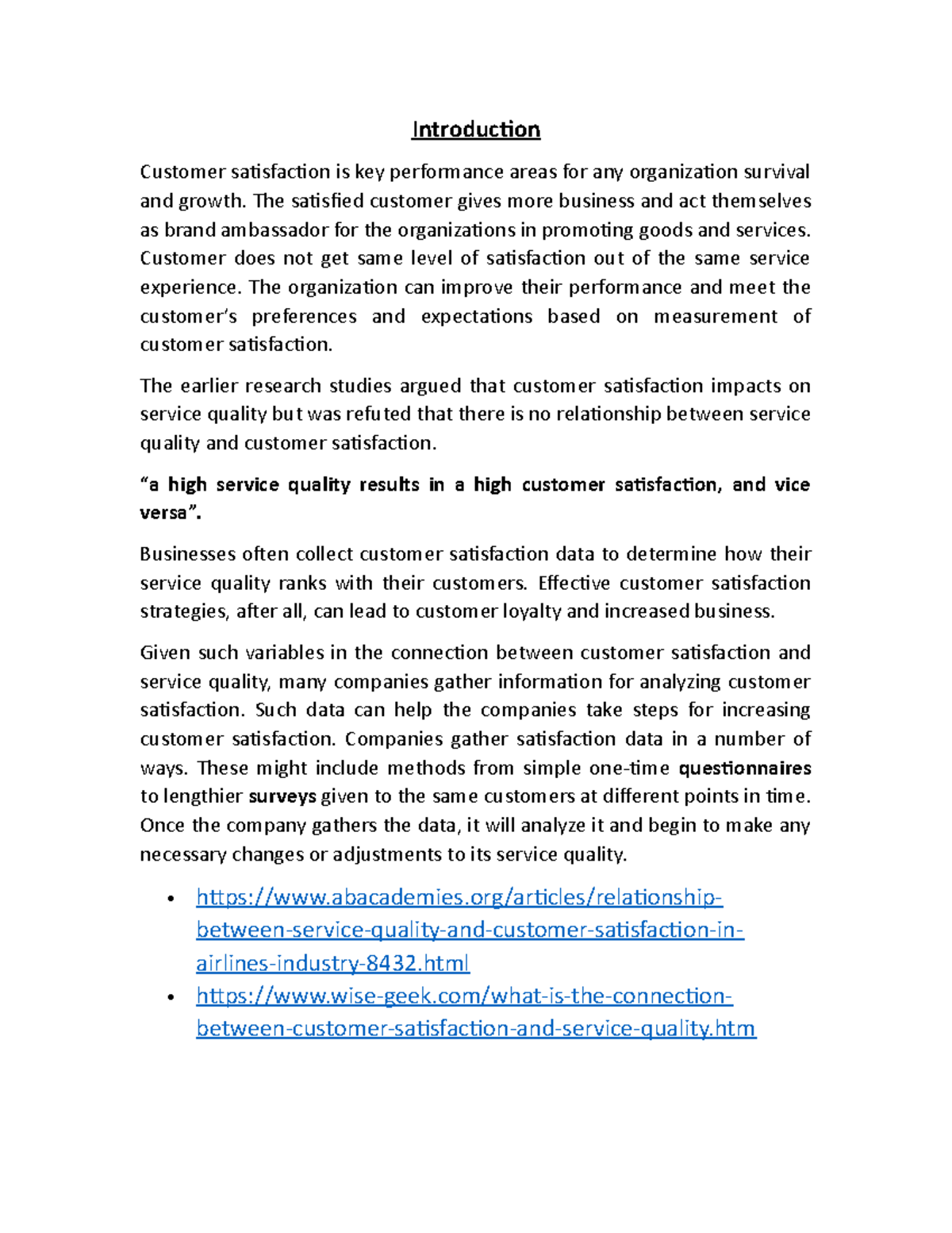 Introduction - Introduction Customer satisfaction is key performance ...