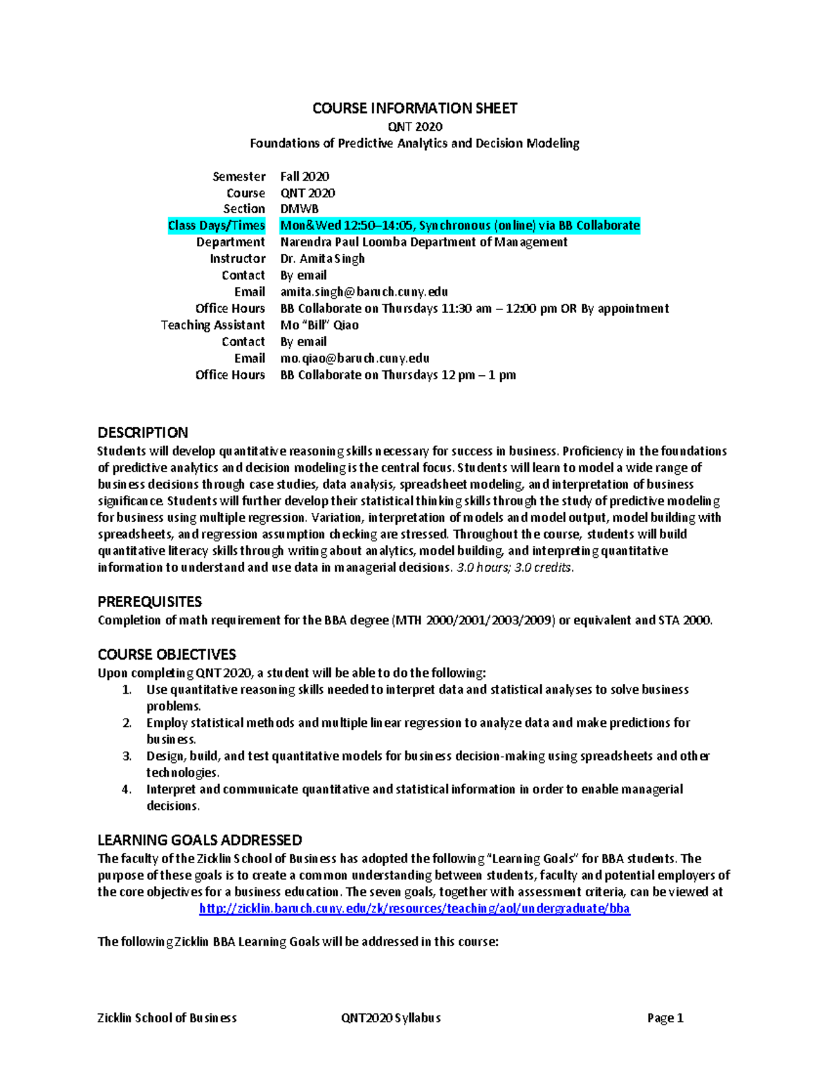 QNT Syllabus Singh Fall2020 with TAdetails (1) - COURSE INFORMATION ...