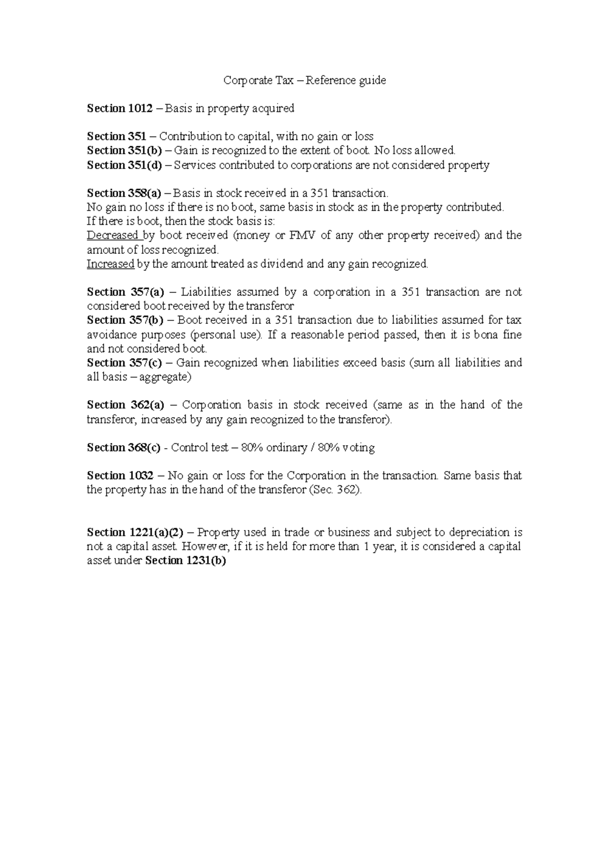 Corporate Tax - Reference Guide - ACC 445 - Miami University - Studocu