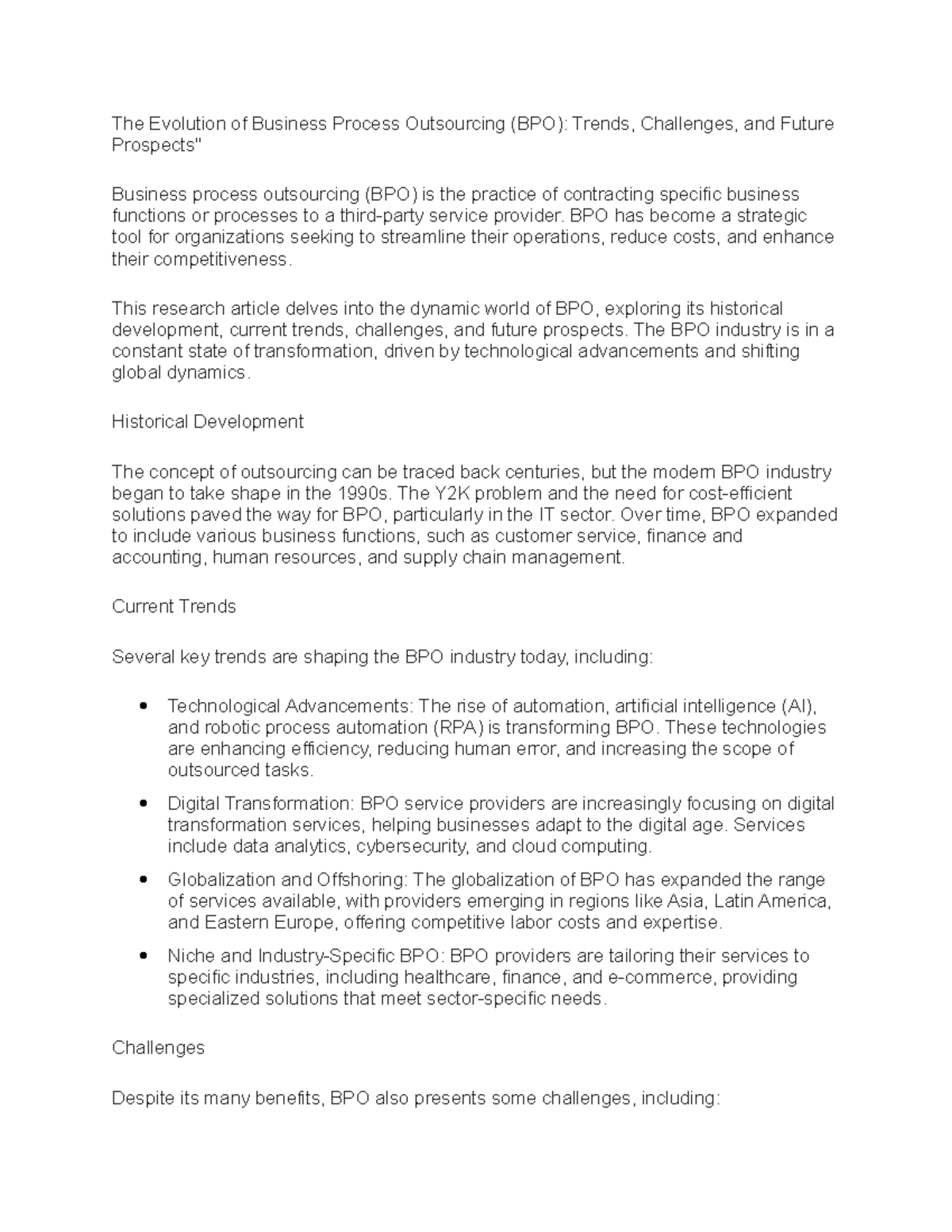 The Evolution of BPO - BPO - The Evolution of Business Process Outsourcing (BPO): Trends, - Studocu