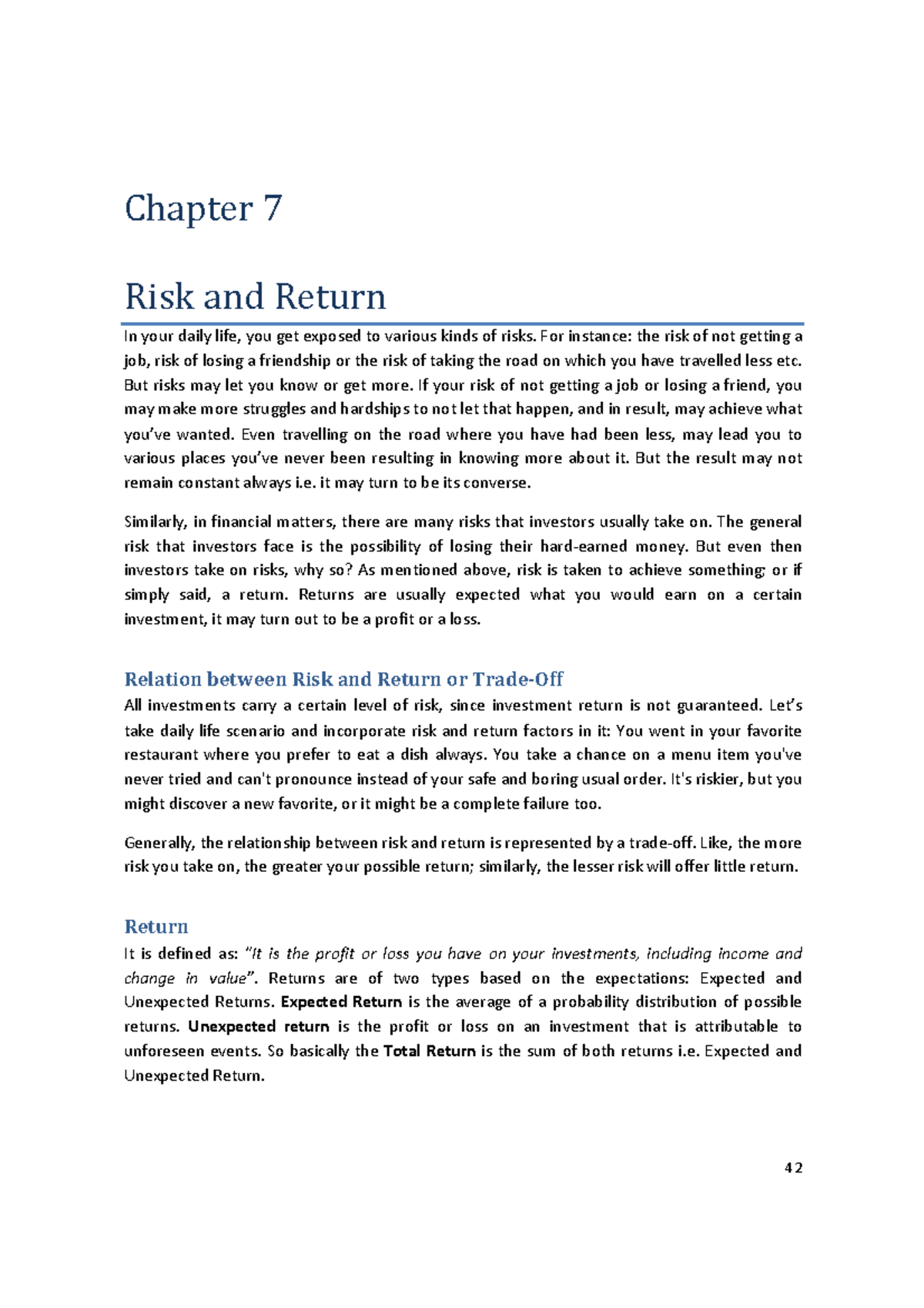 7. Risk and Return - good - Chapter Risk and Return - Studocu