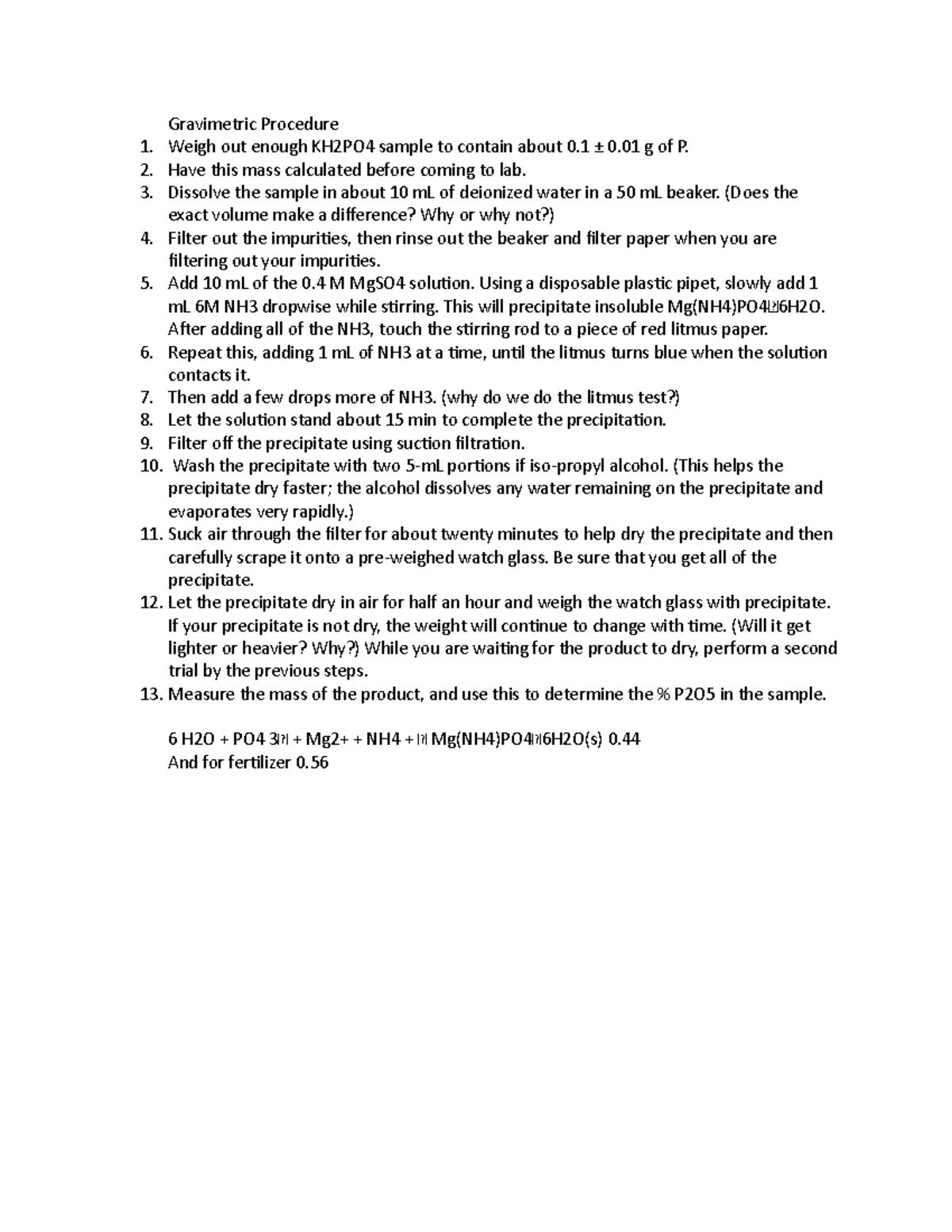 Grav lab thing - procedure - Gravimetric Procedure Weigh out enough ...