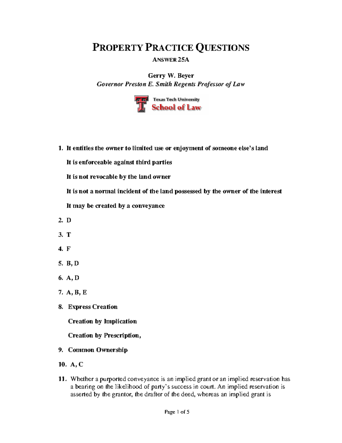 Practice Test with Answer key - PROPERTY PRACTICE QUESTIONS ANSWER 25A ...