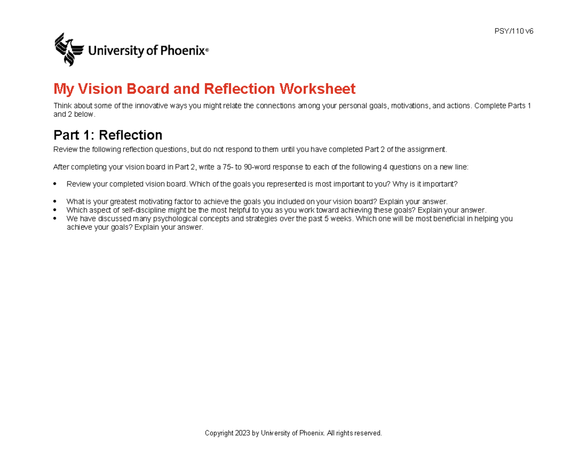 Psy110 v6 wk5 my vision board and reflection worksheet - PSY/110 v My ...