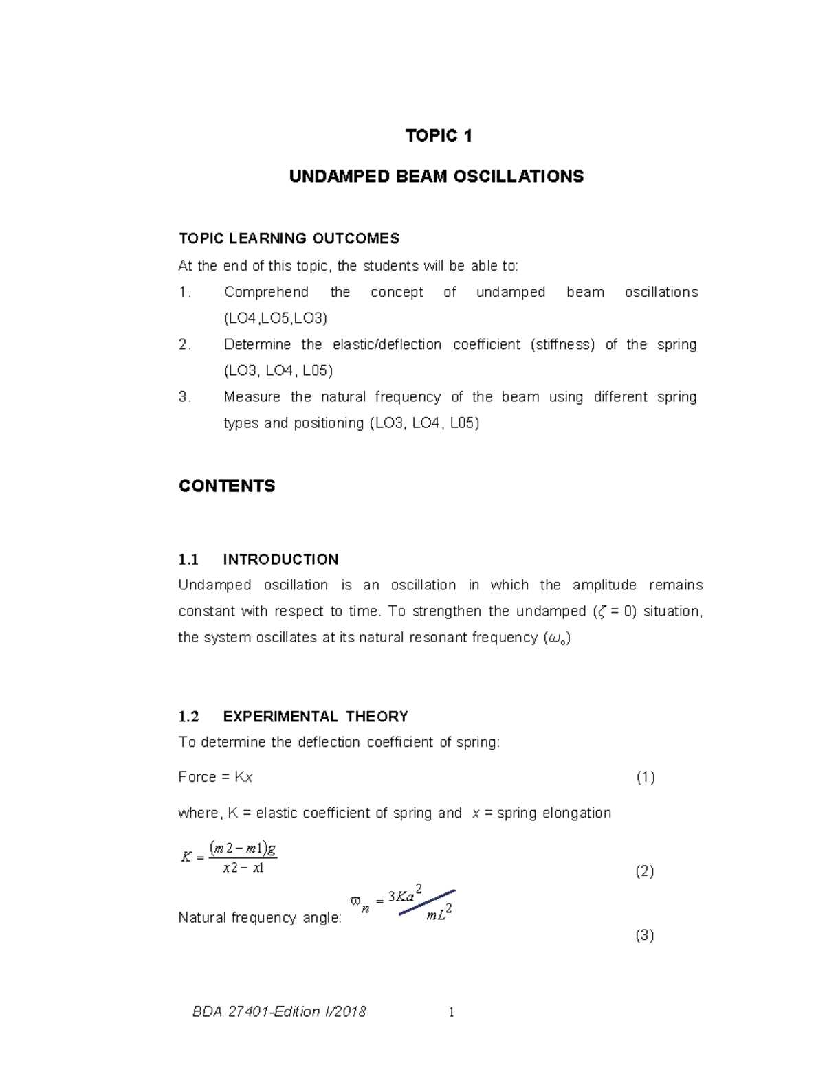 4 Lab Sheet BDA27401 Sem 1 2018 2019 Edition 1 2018 - TOPIC 1 UNDAMPED ...