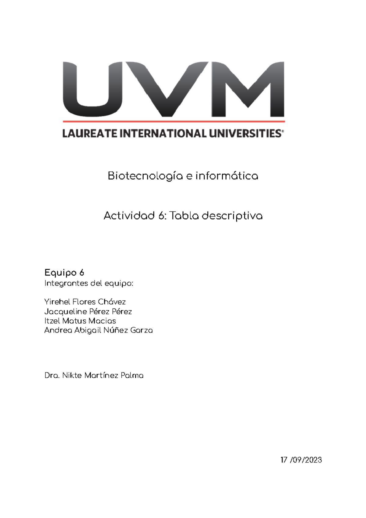 A 6 Equipo 6 Biotecnología E Informática Actividad 6 Tabla