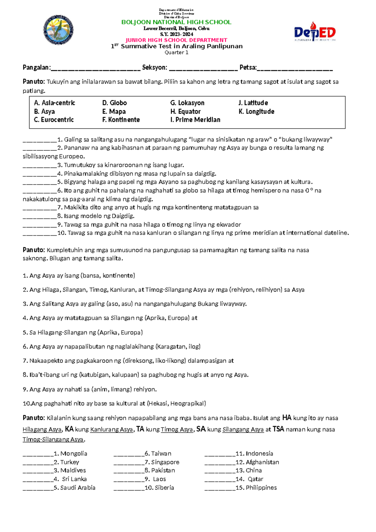 1 - TEST - Pangalan:__________________________ Seksyon ...