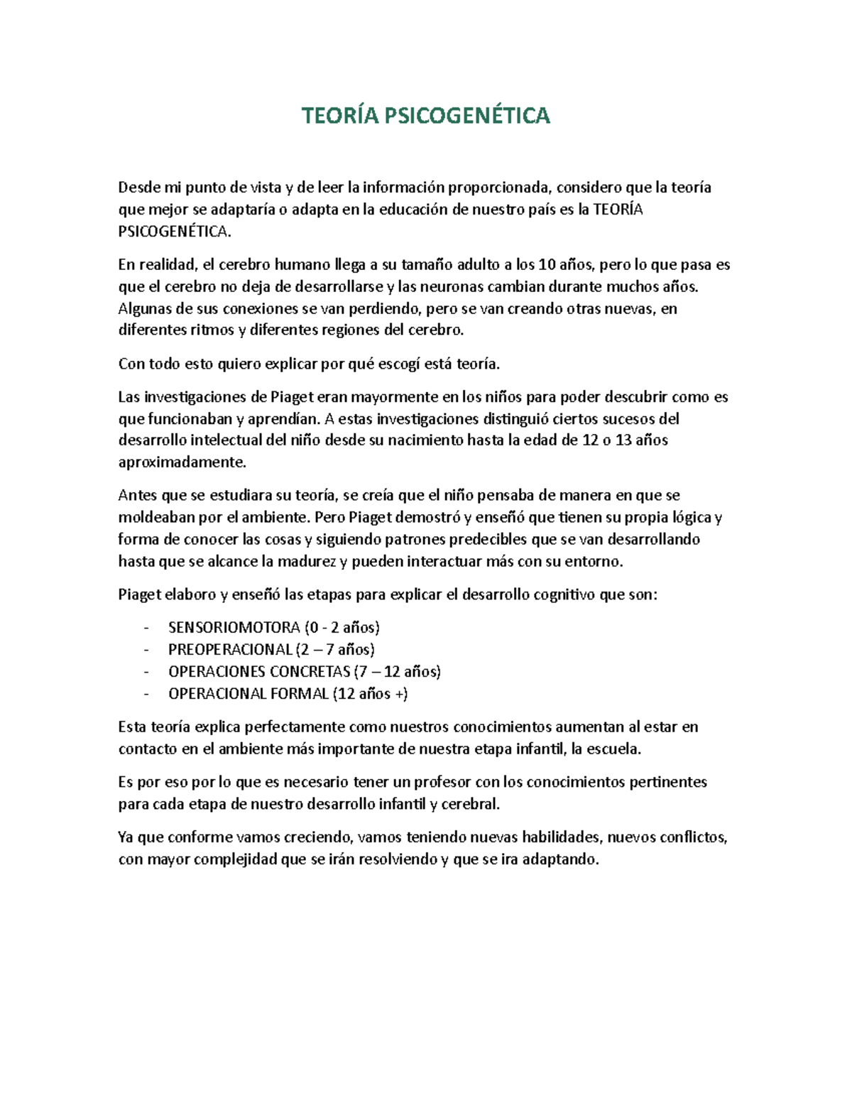 Teoría Psicogenetica explicación - TEORÍA PSICOGENÉTICA Desde mi punto ...