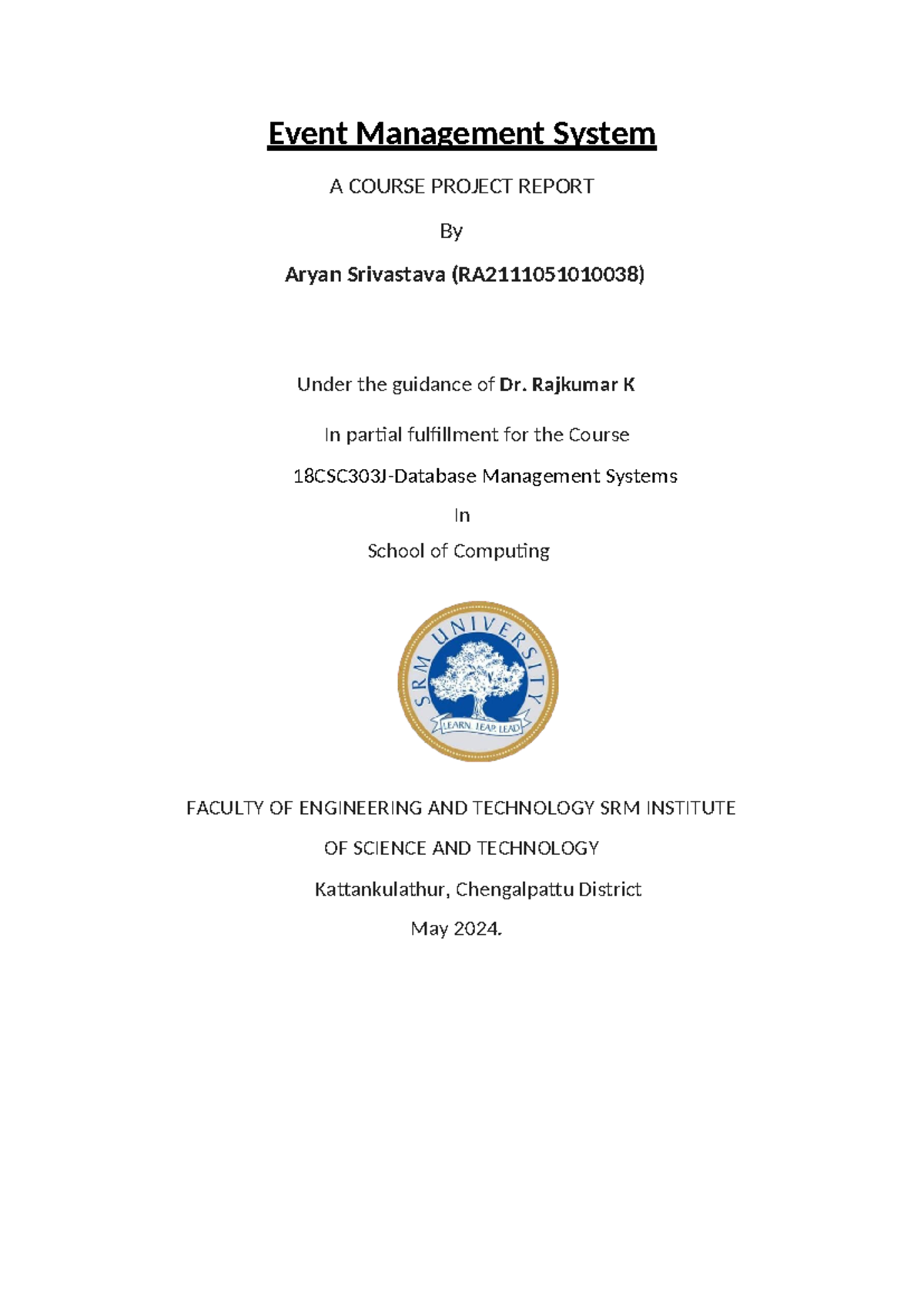 DBMS project - For reference only - Event Management System A COURSE ...