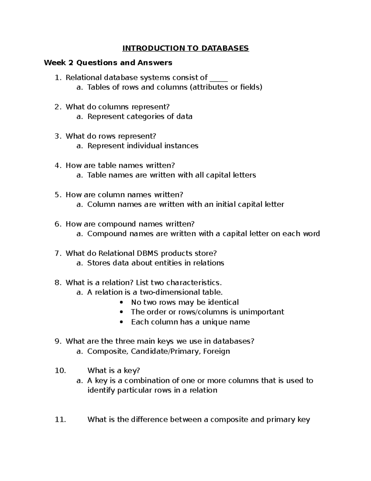 Introduction to Database Review Questions - INTRODUCTION TO DATABASES Week 2 Questions and ...