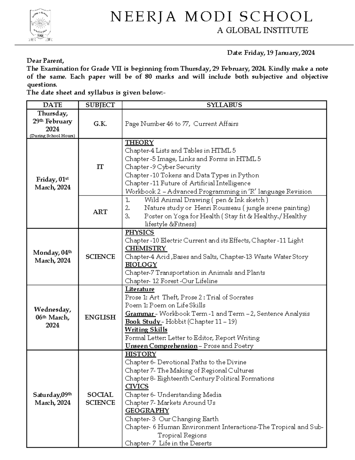 Grade - VII - Date sheet and Syllabus - N E E R J A M O D I S C H O O L A GLOBAL INSTITUTE Date ...