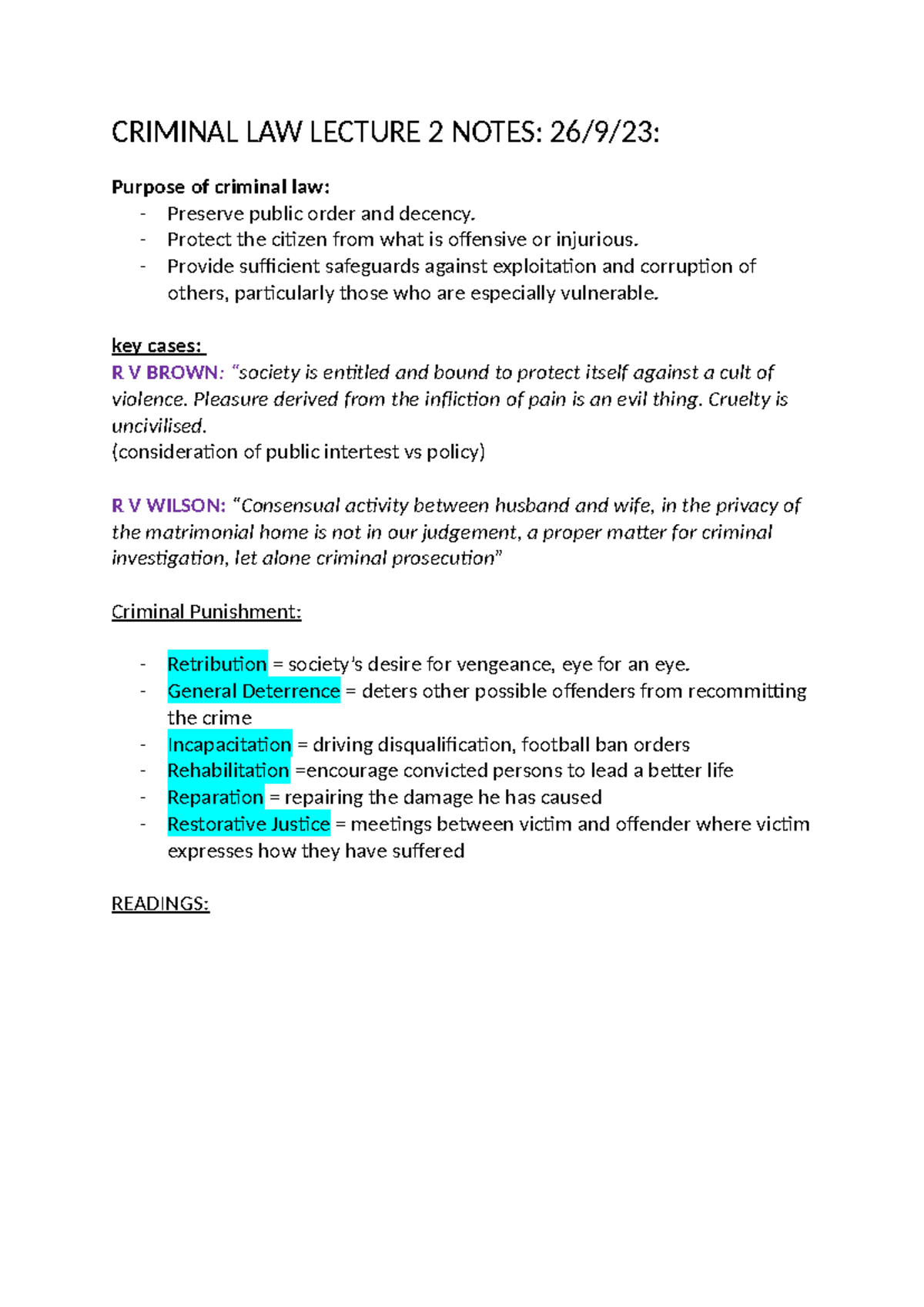 LEC 2 - intro - CRIMINAL LAW LECTURE 2 NOTES: 26/9/23: Purpose of ...