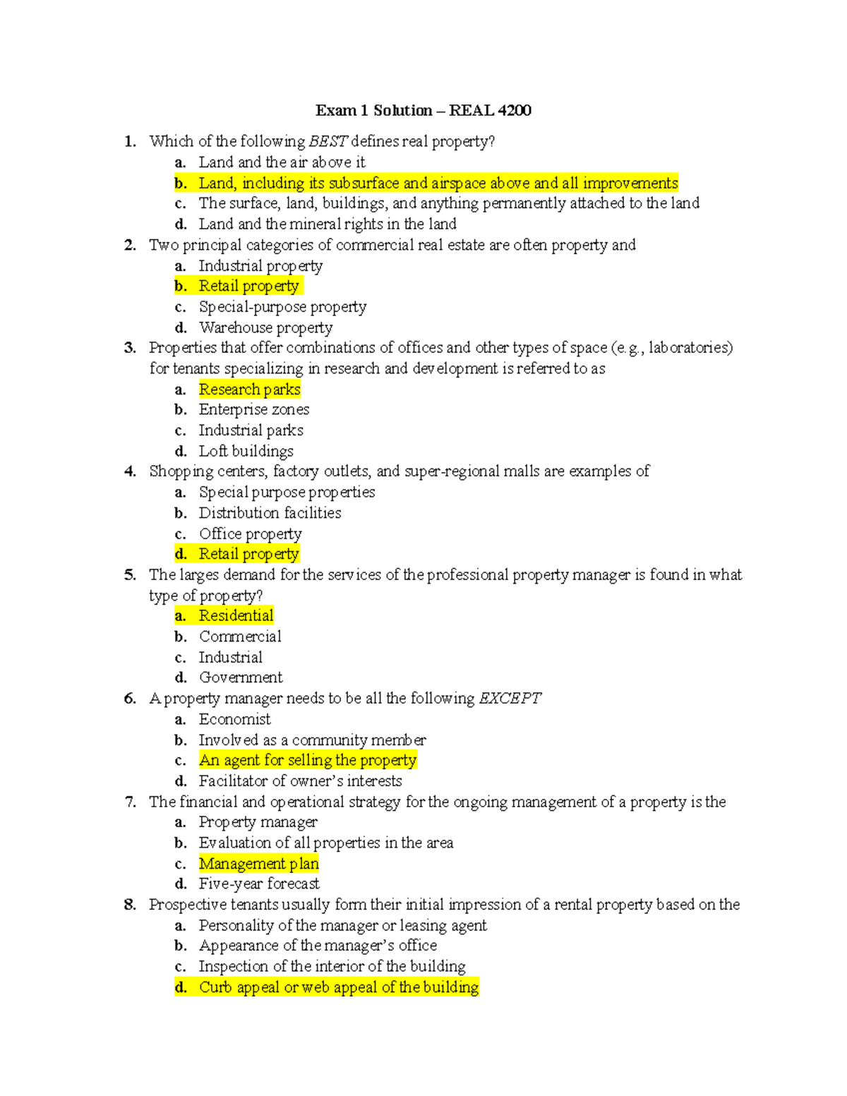 Exam 1 Solution – REAL 4200 - Exam 1 Solution – REAL 4200 Which of the following BEST defines ...