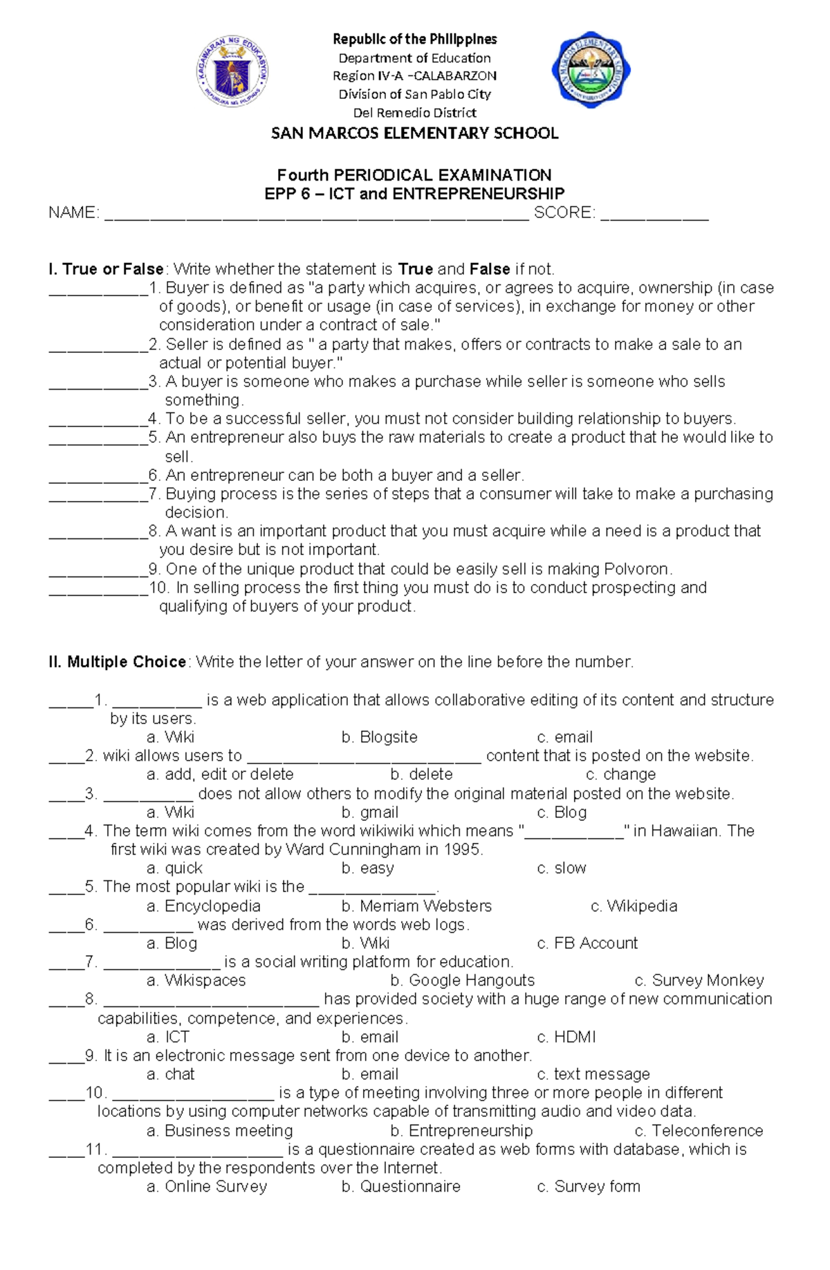 EPP ICT Grade 6 First Periodical Examination - Republic of the ...