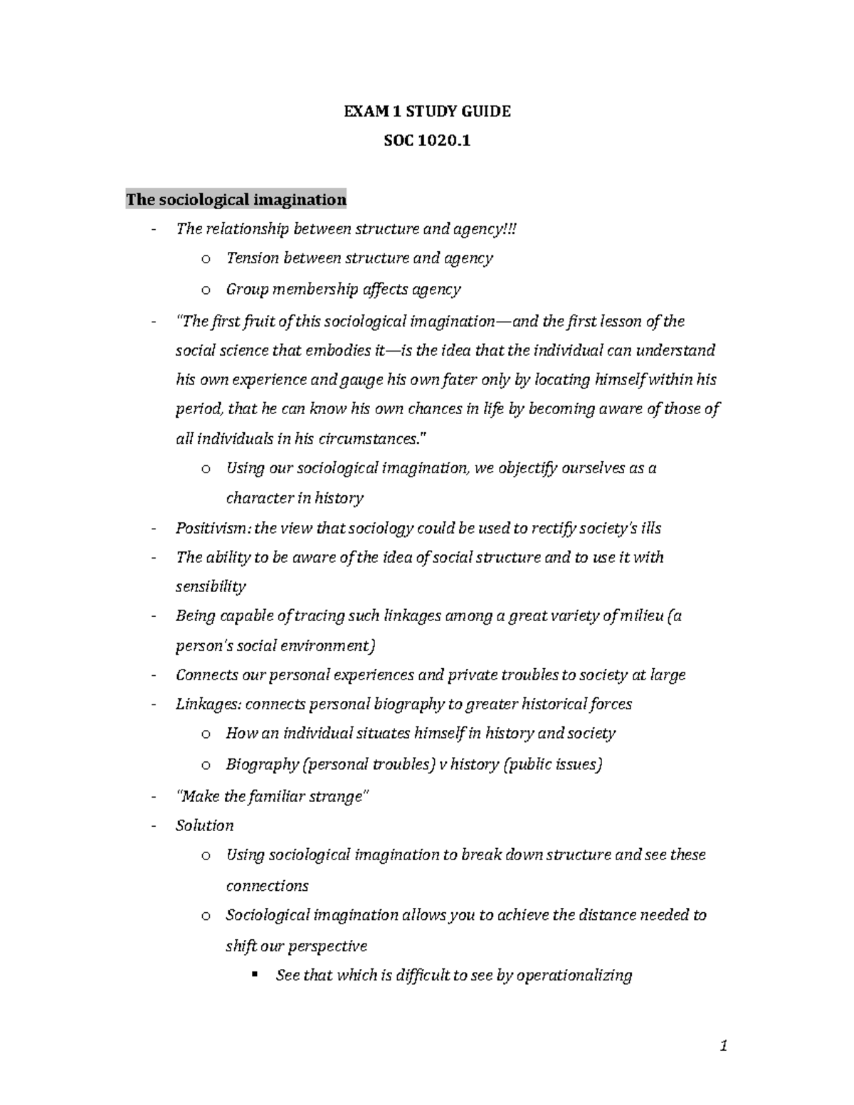 Study Guide Exam 1 - EXAM 1 STUDY GUIDE SOC 1020. The sociological ...