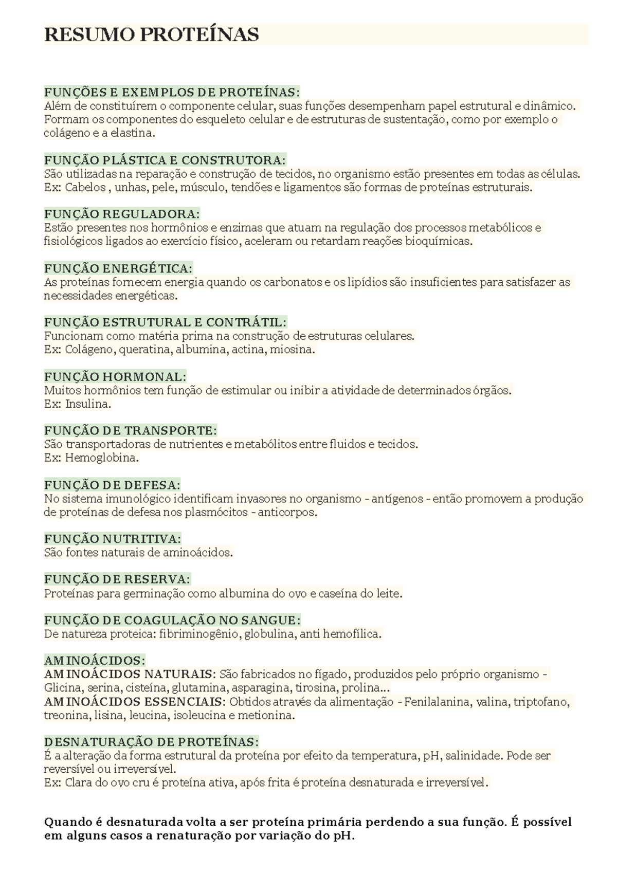 Resumo Proteínas - RESUMO PROTEÍNAS FUNÇÕES E EXEMPLOS DE PROTEÍNAS ...