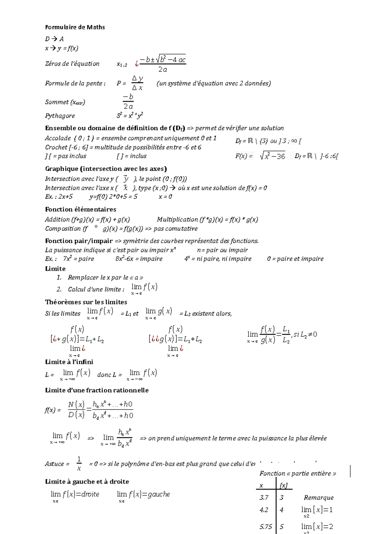 Math 2 formulaire - Résumé Mathématiques 2 - Formulaire de Maths x y f ...