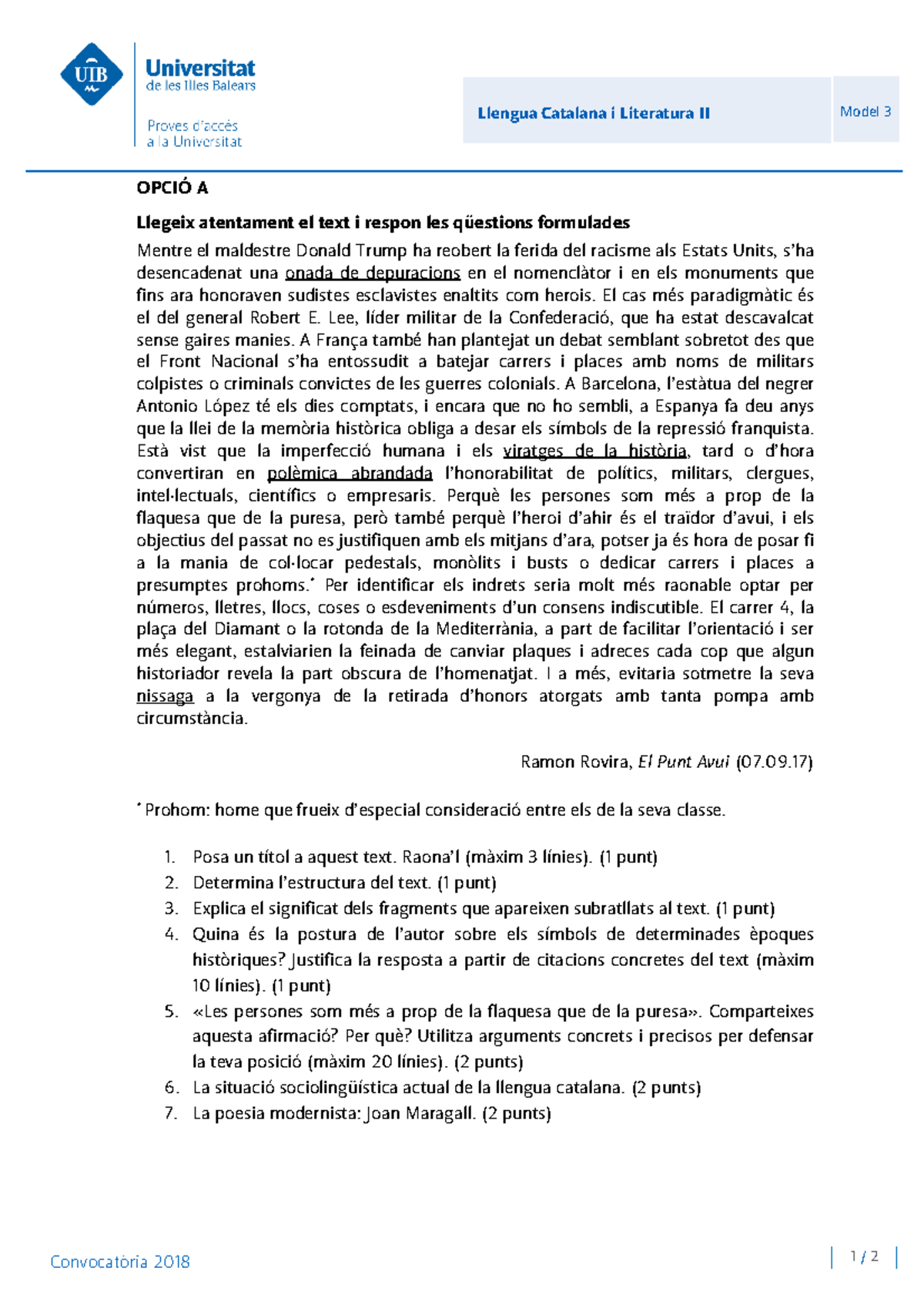catalan preguntas tipo selectividad - Convocatòria 2018 1 / 2 Llengua ...
