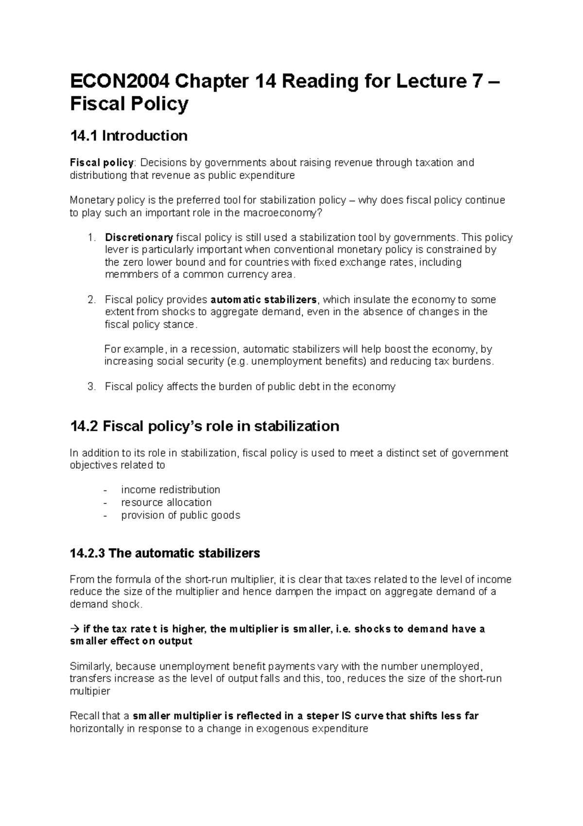 ECON2004 Term 1 Chapter 14 Reading for Lecture 7 – Fiscal Policy - ECON2004 Chapter 14 Reading ...