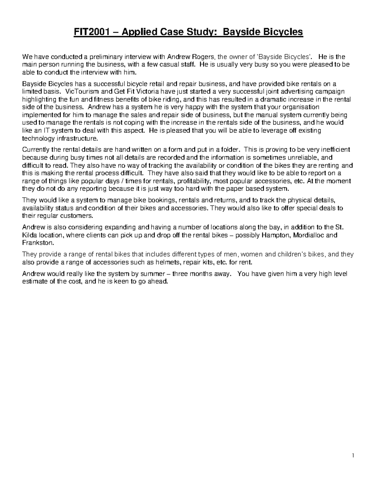 Applied Case Study - Bayside Bicycles - FIT2001 – Applied Case Study: Bayside Bicycles 1 We have ...