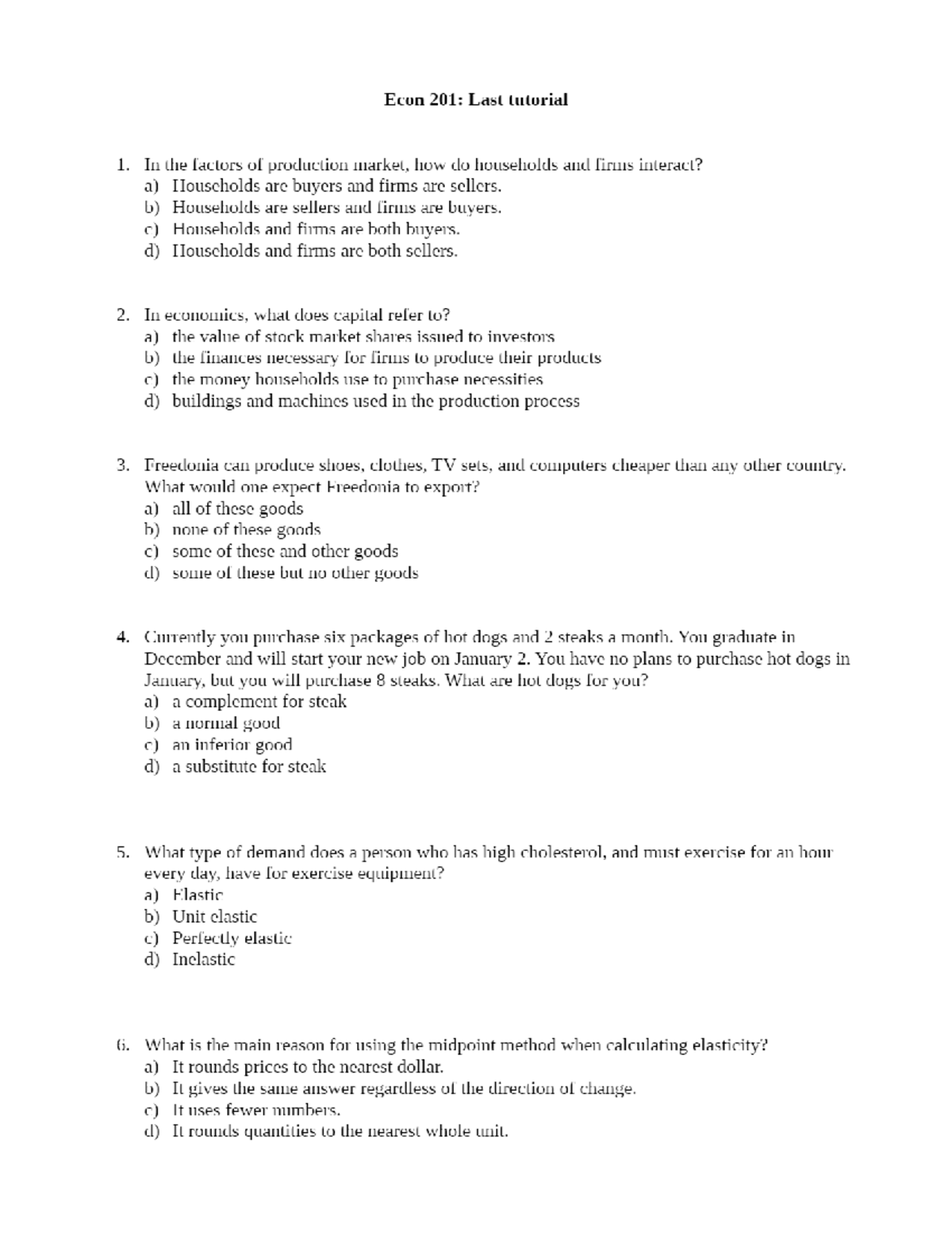Last tutorial no answers - ECON 201 L01 - (Fall 2022) - Principles of Microeconomics - Studocu