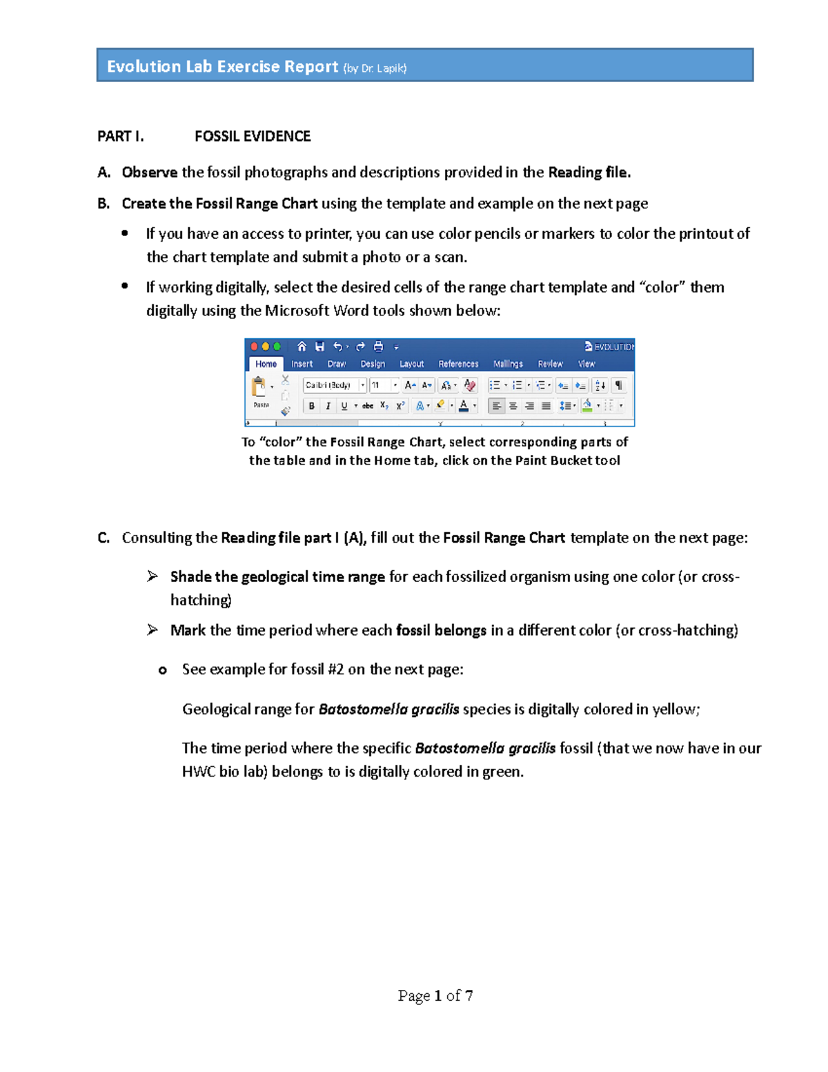 Complete Evolution LAB EX - To “color” the Fossil Range Chart, select ...