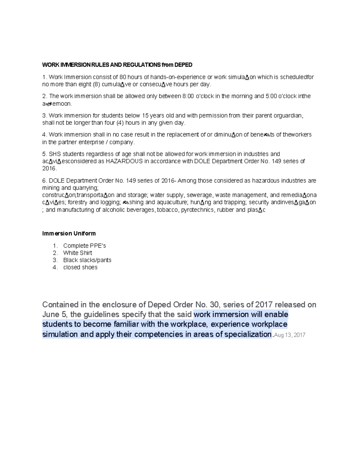 WORK Immersion Rules AND Regulations from Deped - WORK IMMERSION RULES ...