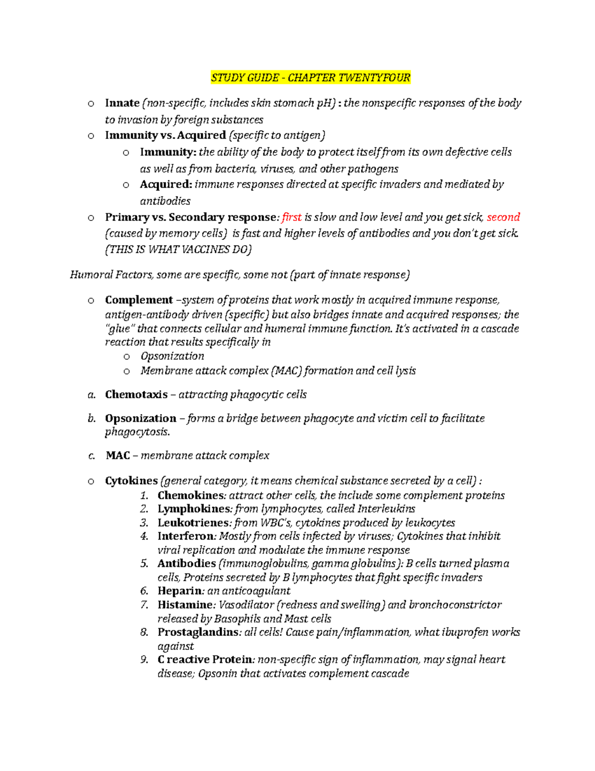 Ch 24 Study Guide physio - STUDY GUIDE - CHAPTER TWENTYFOUR o Innate (non-specific, includes ...