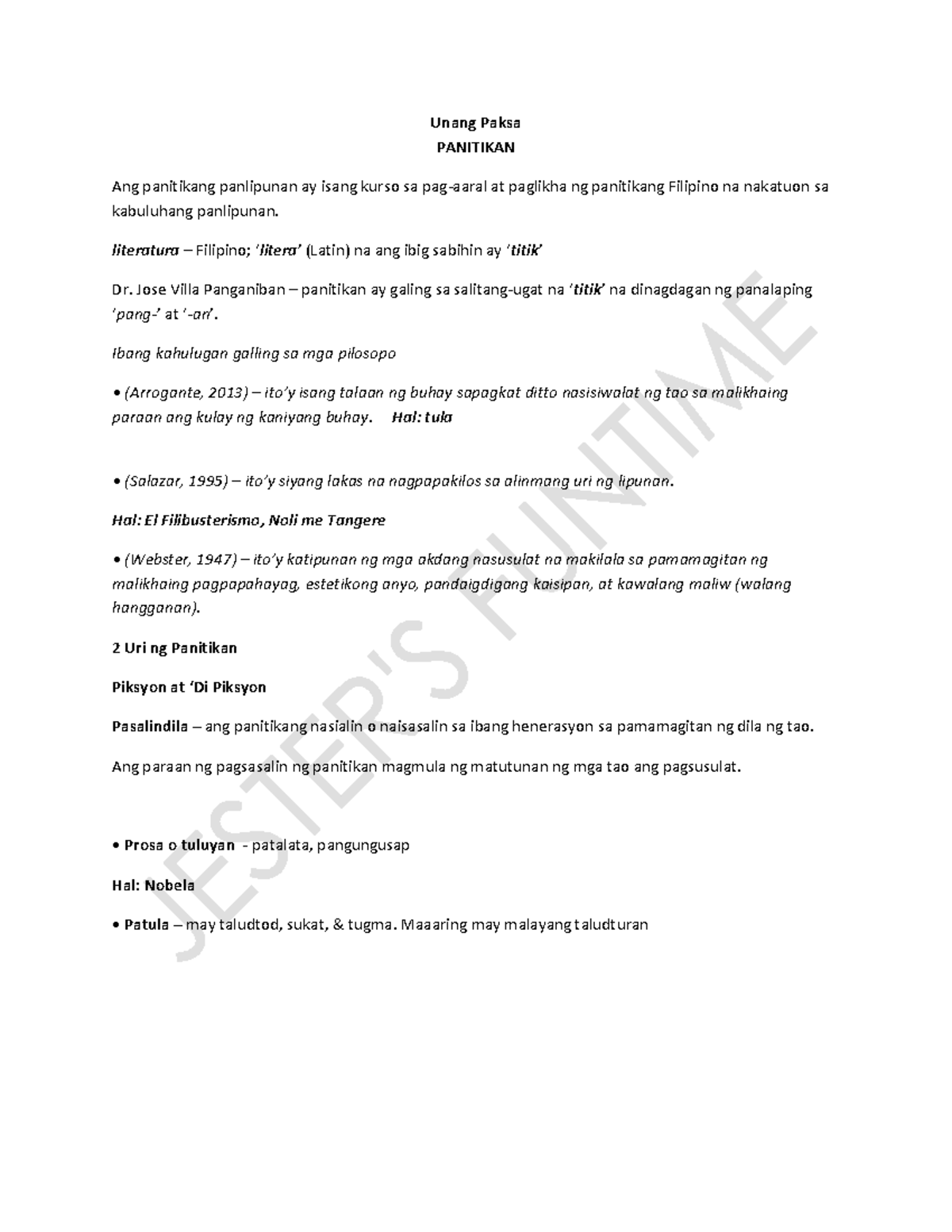 Unang-Paksa - Notes - Unang Paksa PANITIKAN Ang panitikang panlipunan ...