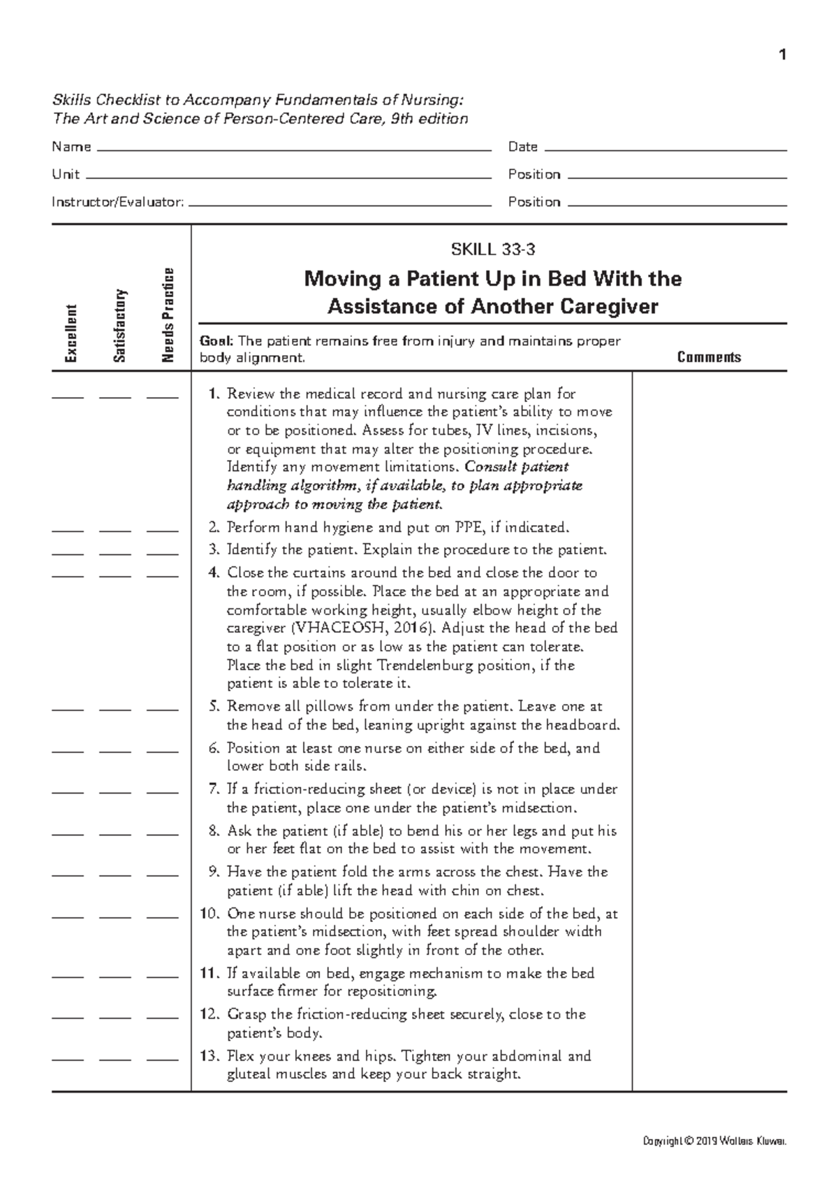 Moving a patient up in bed with assistance - 1 Skills Checklist to ...