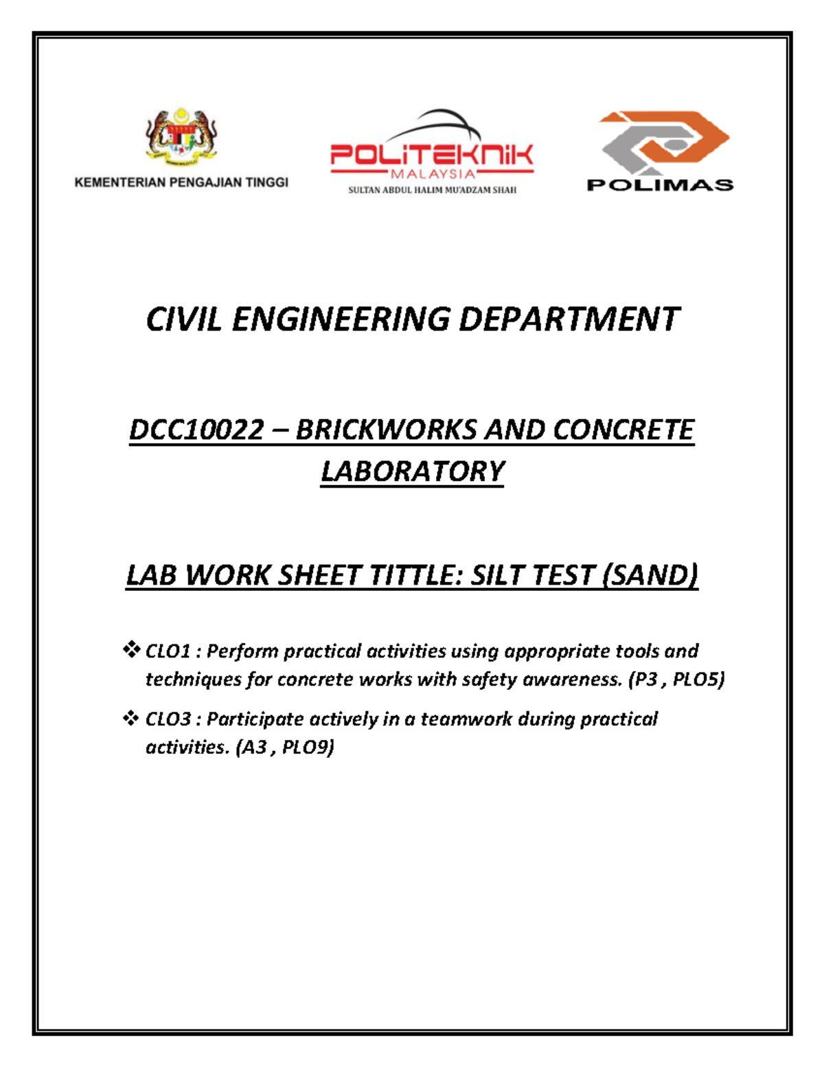 Report Concrete SILT TEST (SAND) - CIVIL ENGINEERING DEPARTMENT ...
