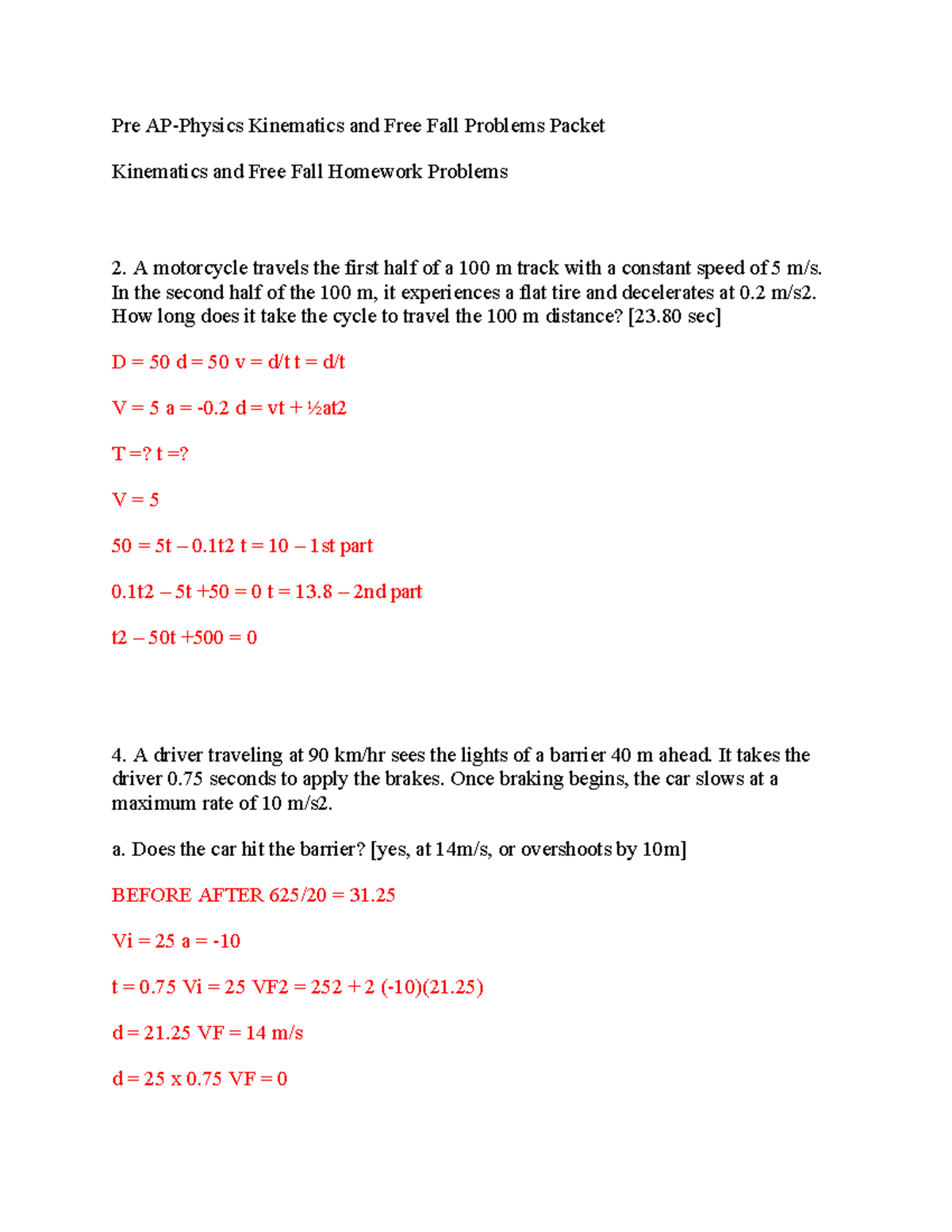 PAP Kinematics Homework Problem Packet 1-20 - Pre AP-Physics Kinematics ...