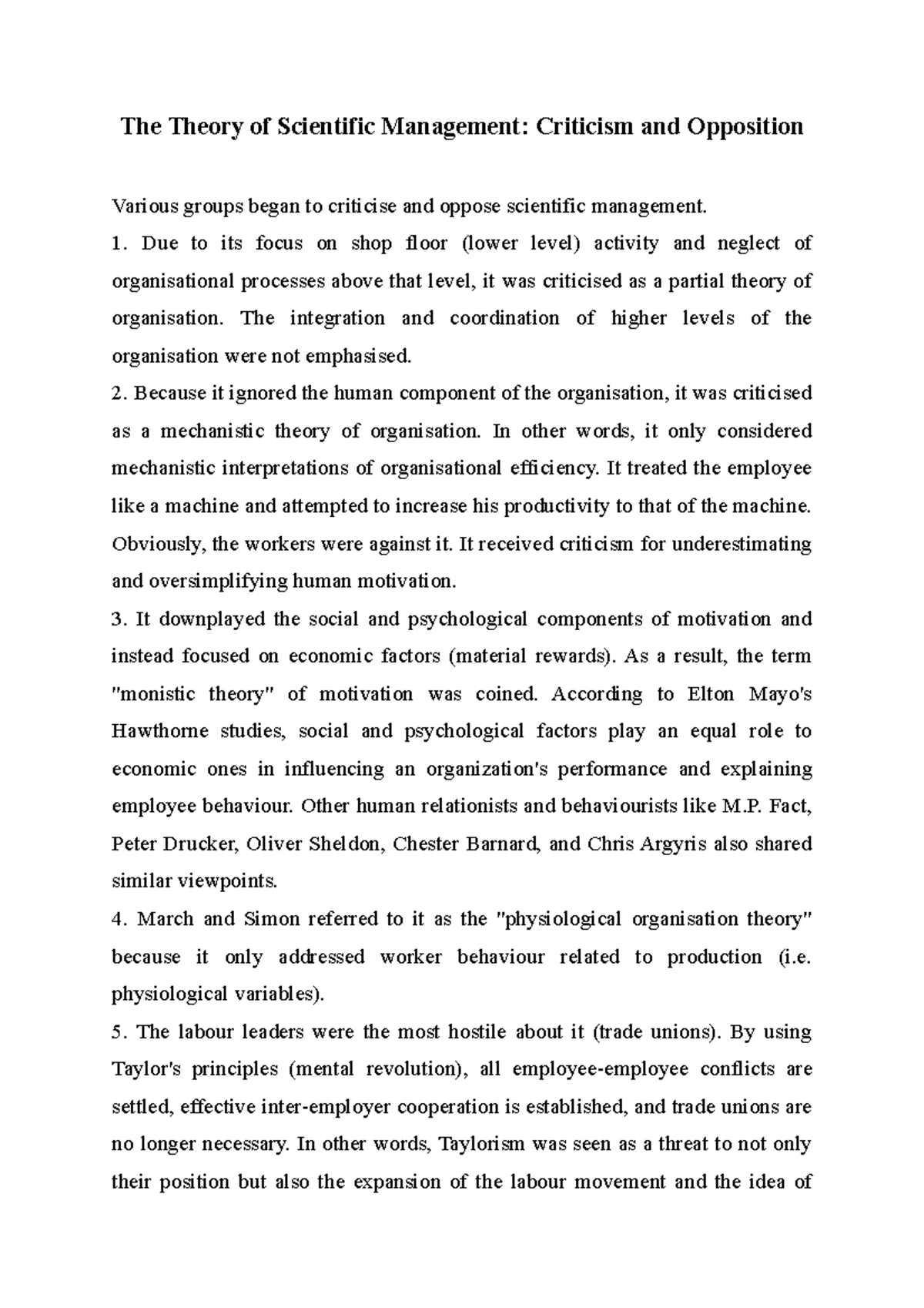 The Theory of Scientific Management- Criticism and Opposition - Due to ...