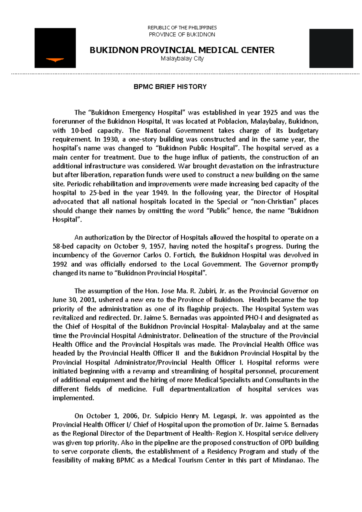 Bpmc-brief-history - Short History of BPMC - BPMC BRIEF HISTORY The ...