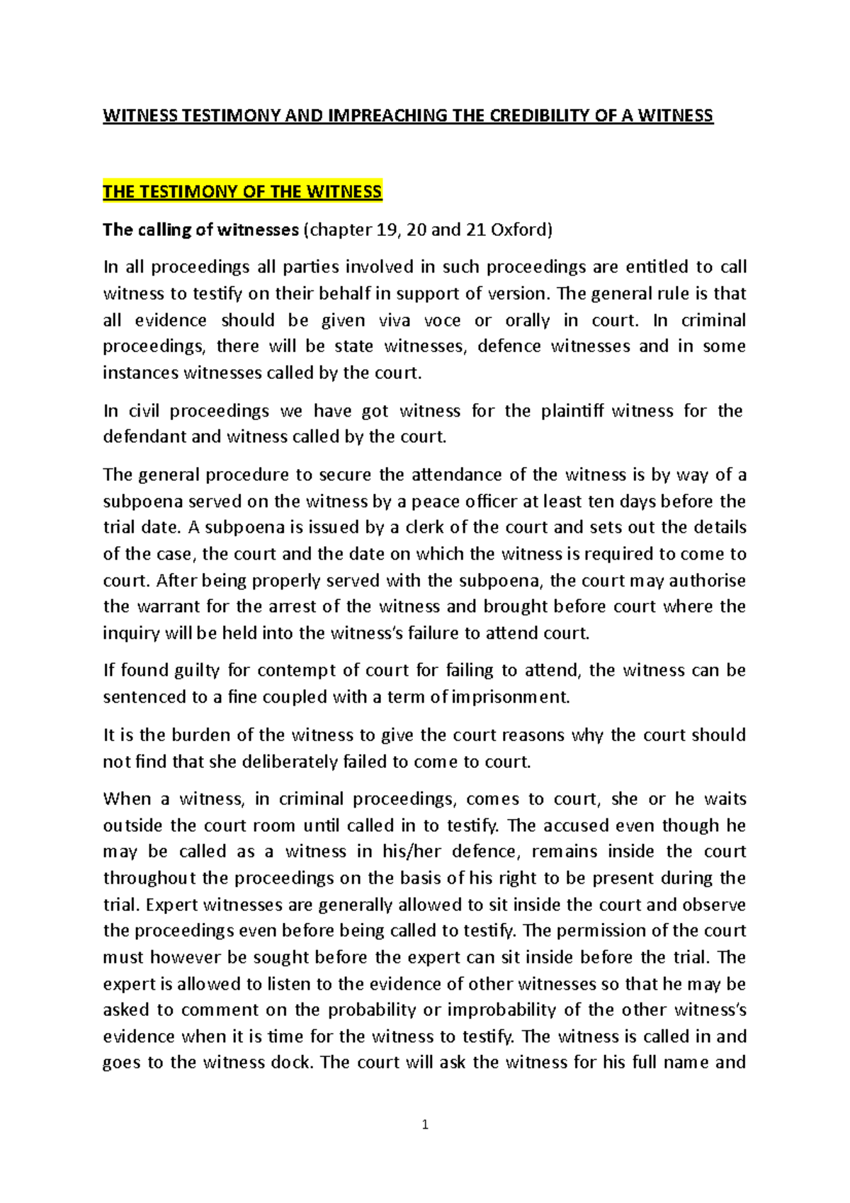 Witness Testimony AND Impeaching THE Credibility OF A Witness - WITNESS ...