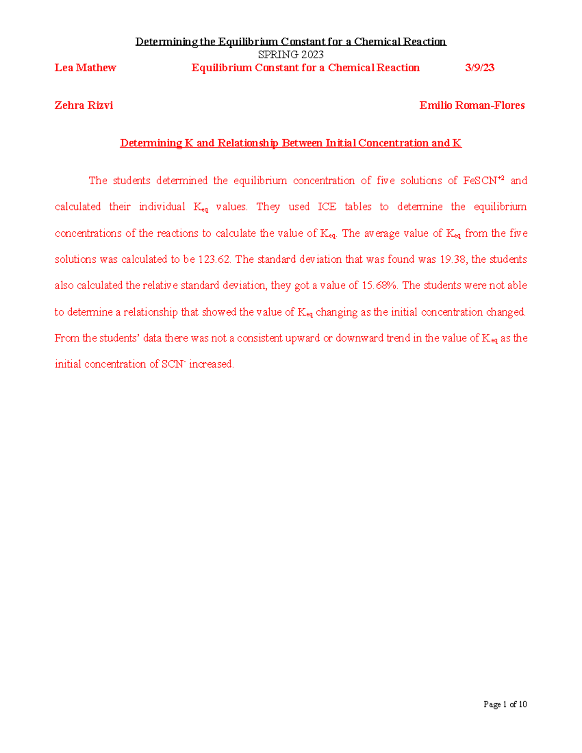 Keq of Fe SCN - keq lab - SPRING 2023 Lea Mathew Equilibrium Constant ...