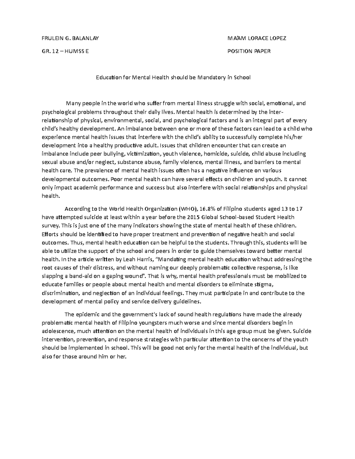 Position paper - hfeukhe - FRULEIN G. BALANLAY MA’AM LORACE LOPEZ GR ...