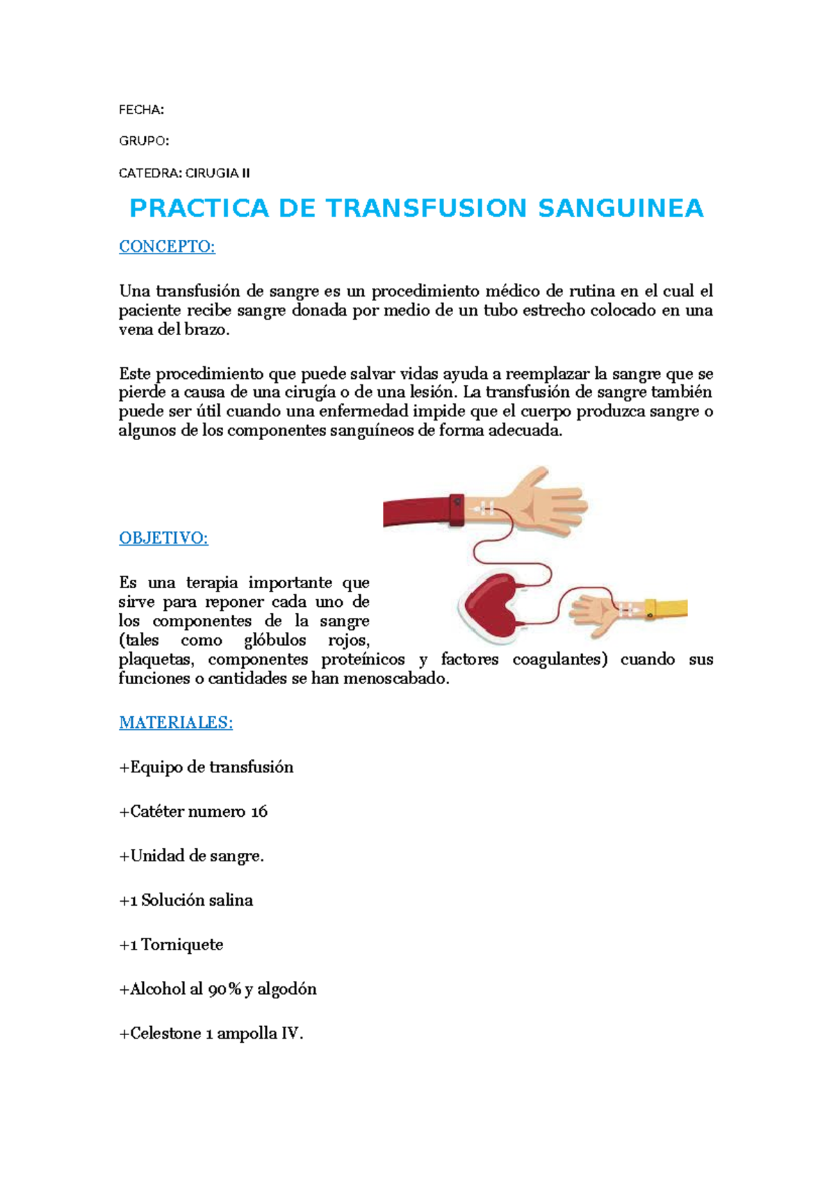 Tranfusion Sanguinea - FECHA: GRUPO: CATEDRA: CIRUGIA II PRACTICA DE ...