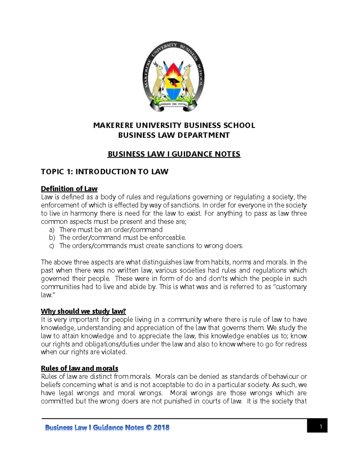 Business Law I - Guidance Notes for semester one students - MAKERERE ...