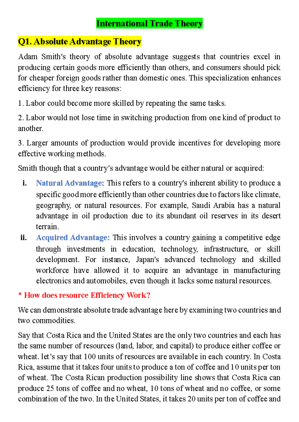 IB MID - International Trade Theory Q1. Absolute Advantage Theory Adam ...