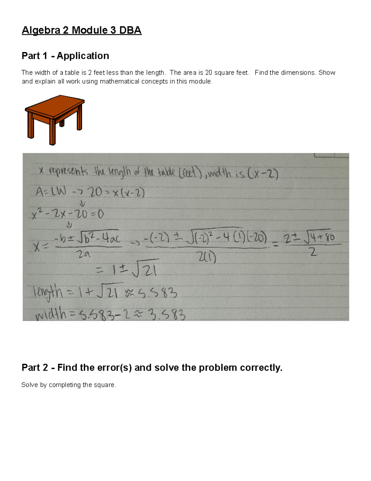 03 - zghj - Algebra 2 Module 3 DBA Part 1 - Application The width of a table is 2 feet less than ...