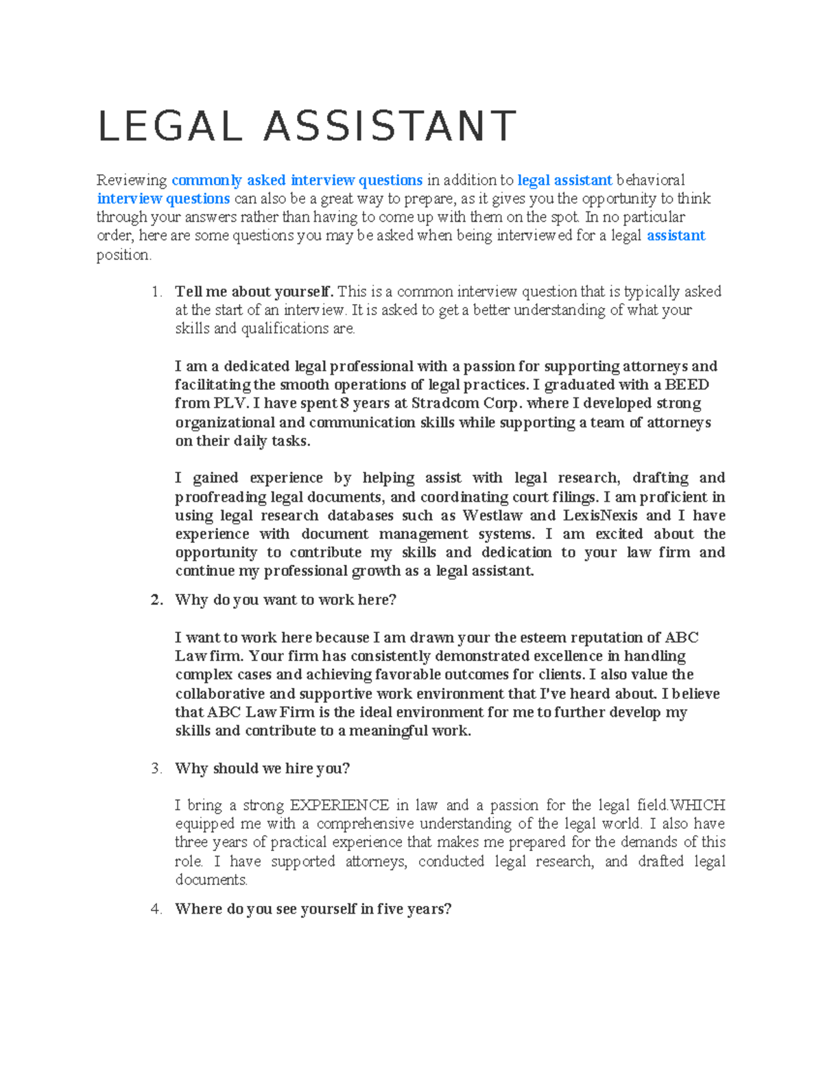 Virtual LS interview question - LE GAL ASS ISTANT Reviewing commonly ...