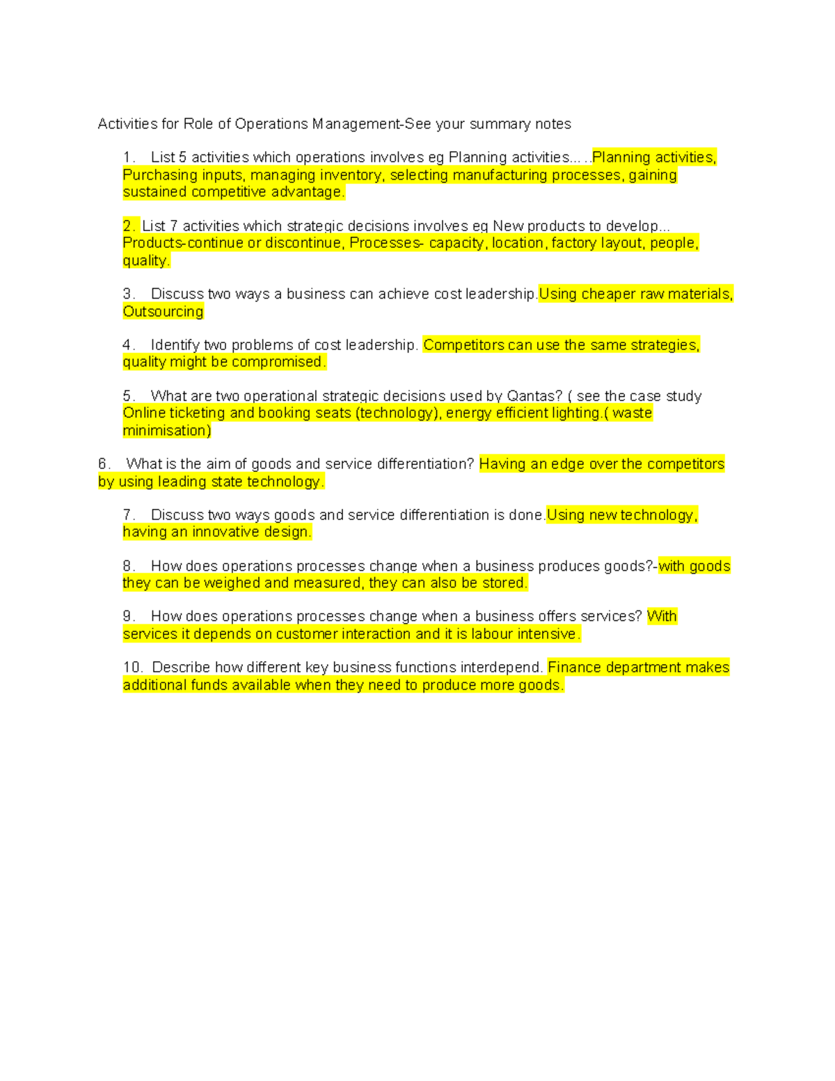 Activities for Role of Operations Management - summary notes - List 5 ...
