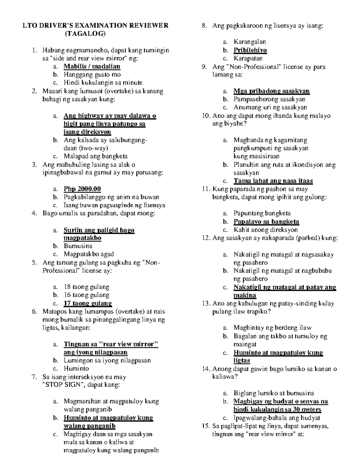 LTO Driver's Examination Reviewer Tagalog - LTO DRIVER'S EXAMINATION ...