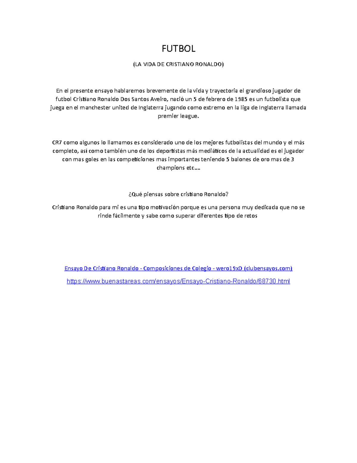 Ensayo - historia - FUTBOL (LA VIDA DE CRISTIANO RONALDO) En el ...
