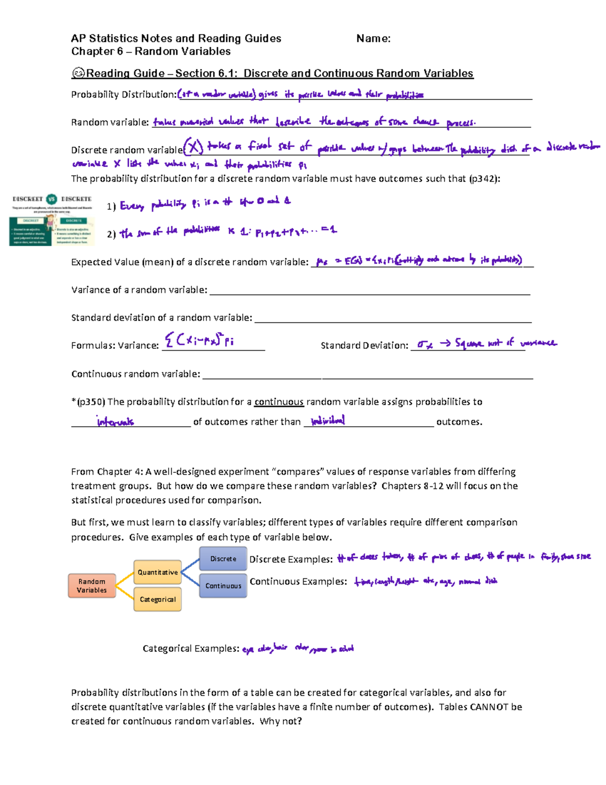 Chapter 6 Notes - work - Random Variables Quantitative Discrete ...