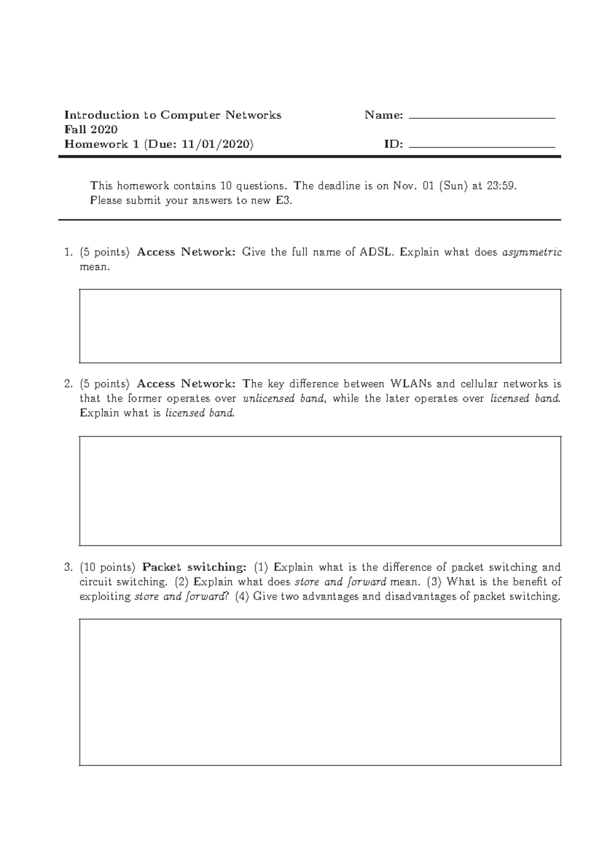 2020 hw1 - Computer Network - Introduction to Computer Networks Name: Fall 2020 Homework 1 (Due ...